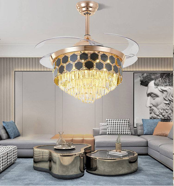 HDC Crystal Ceiling Fan Chandelier Luxury Hiding Quiet 42 Inch Hexa Bl