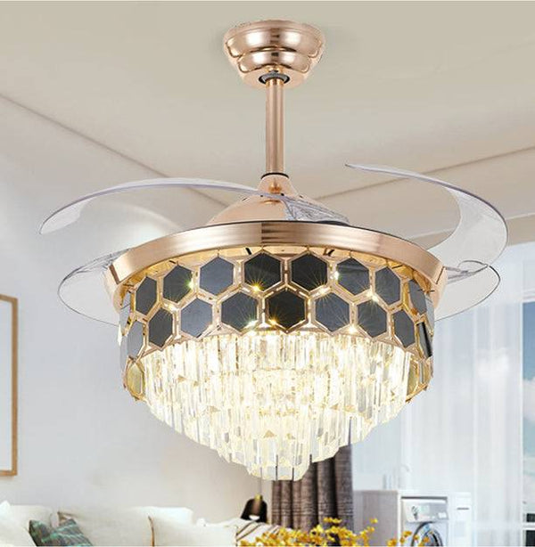 HDC Crystal Ceiling Fan Chandelier Luxury Hiding Quiet 42 Inch Hexa Bl