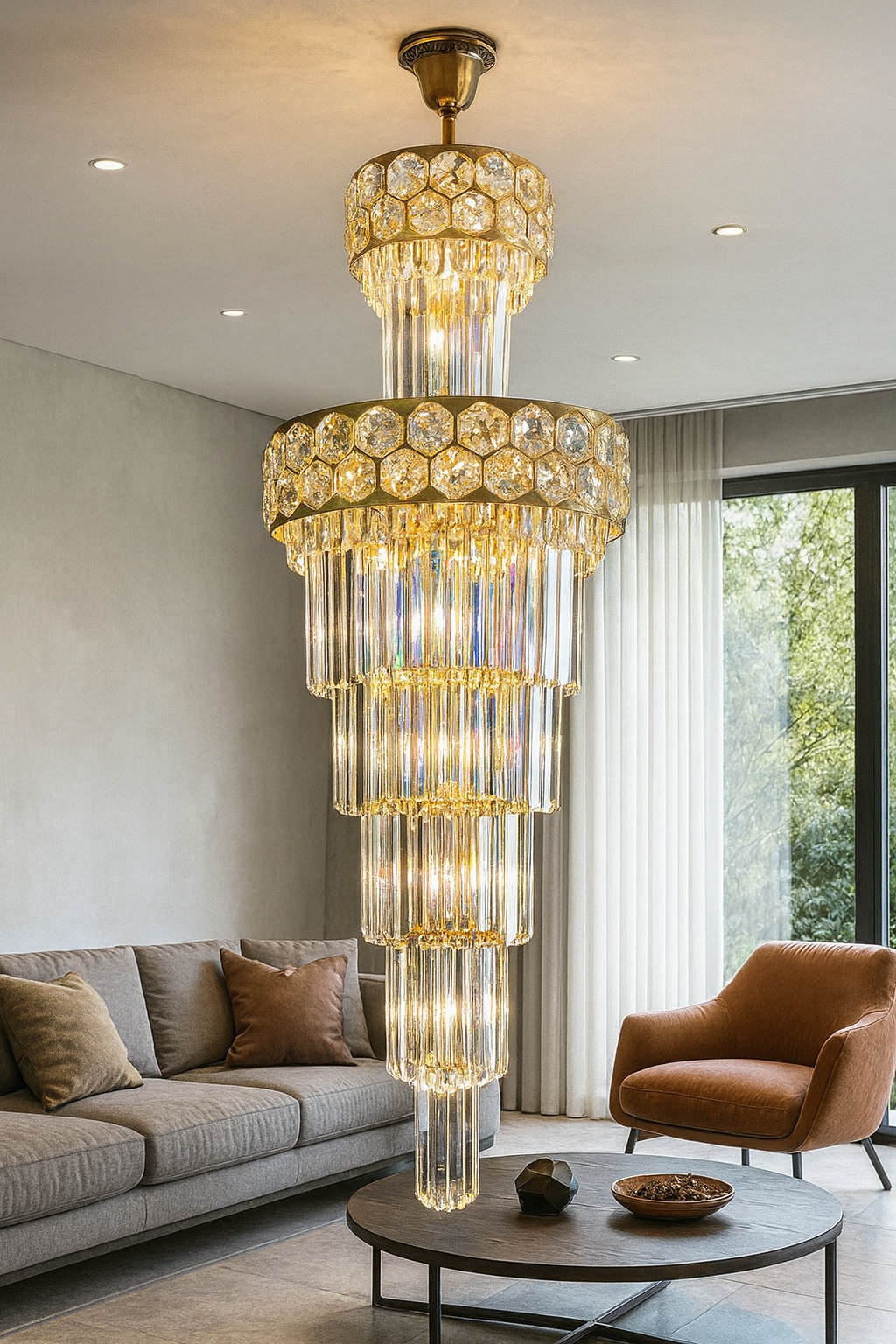 HDC Luxe Cascade Crystal Chandelier | Multi-Tier Long Drop Designer Ce