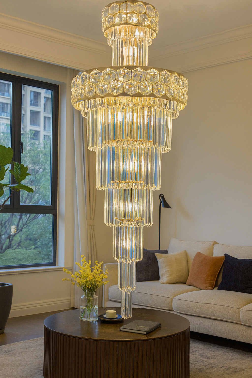 HDC Luxe Cascade Crystal Chandelier | Multi-Tier Long Drop Designer Ce