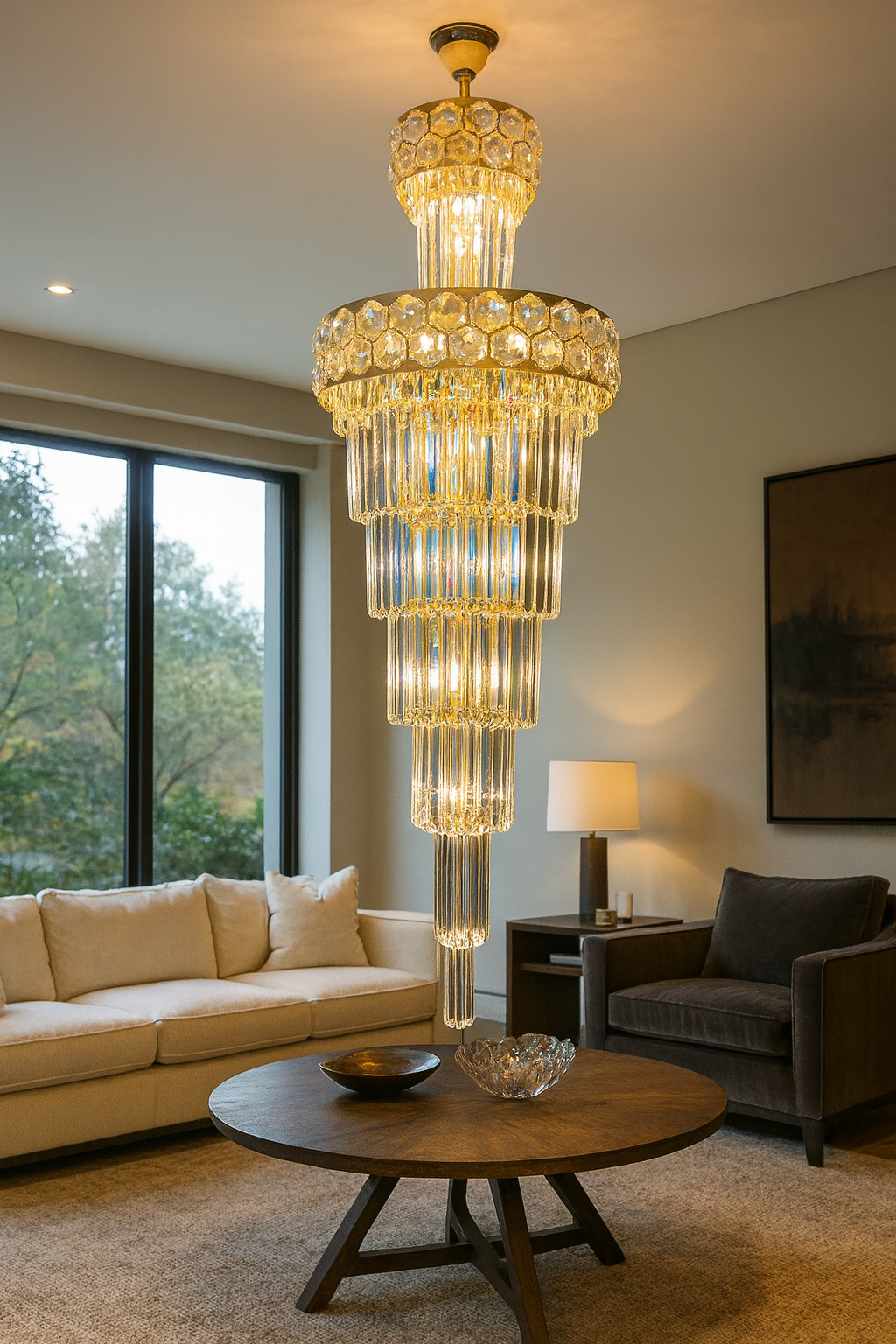 HDC Luxe Cascade Crystal Chandelier | Multi-Tier Long Drop Designer Ce