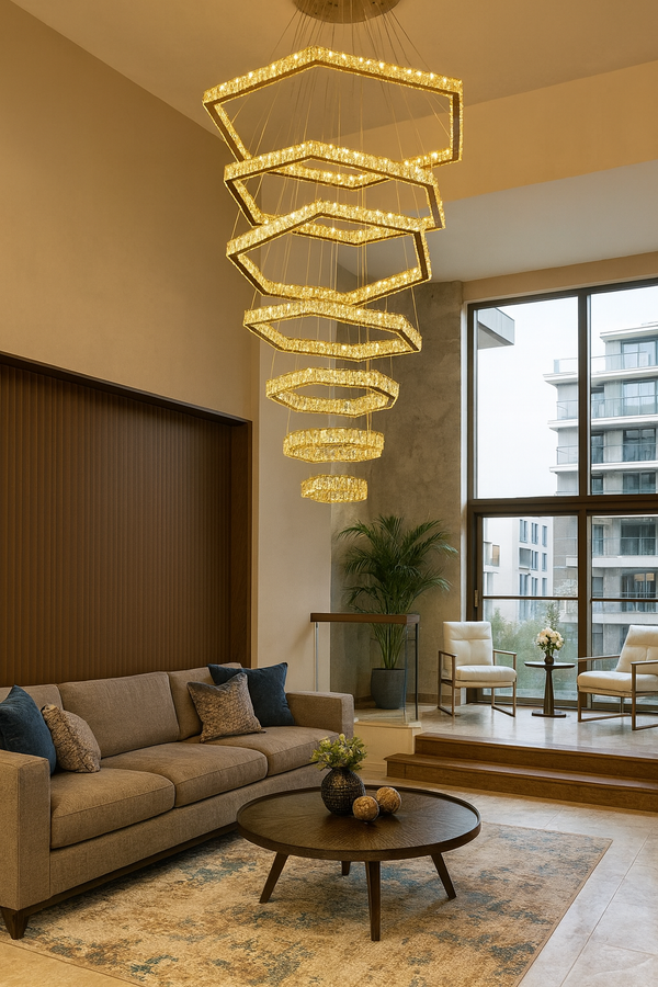 HDC Luxury 8 Rings Hexagonal Crystal Chandelier for Double Height Spac