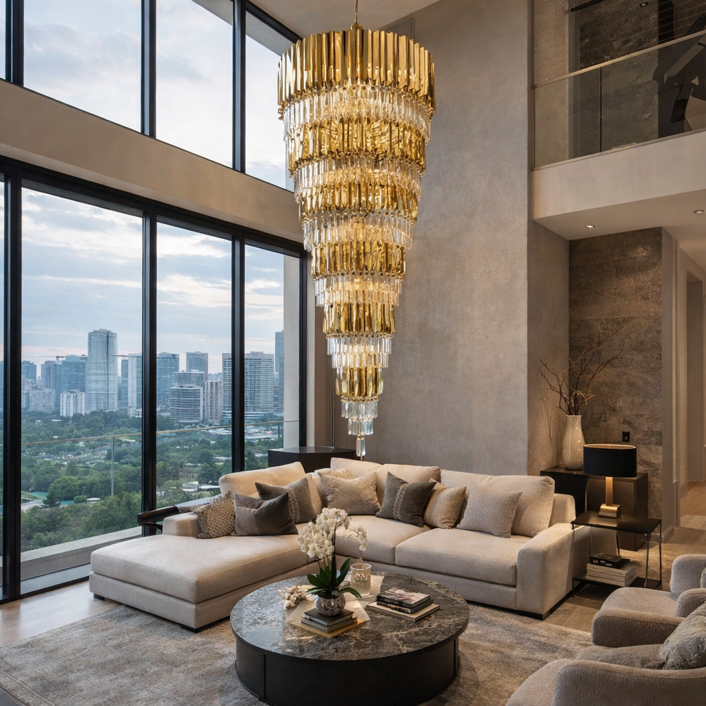 HDC 2000mm Gold Finish Luxe Cascade Crystal Double Height Staircase Ch