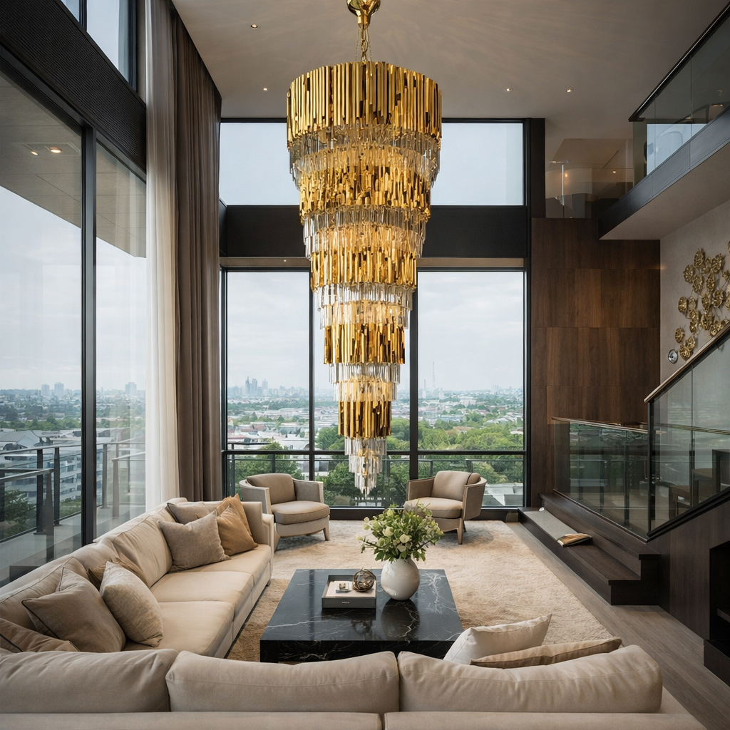 HDC 2000mm Gold Finish Luxe Cascade Crystal Double Height Staircase Ch