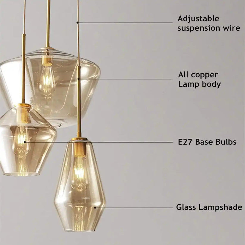 Hdc Vintage 3-Lights Island Cognac Glass Cluster Pendant Chandelier