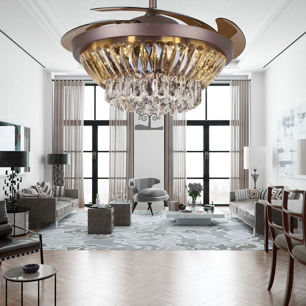 HDC Modern style Coffee colour crystal ceiling fan LED chandelier for