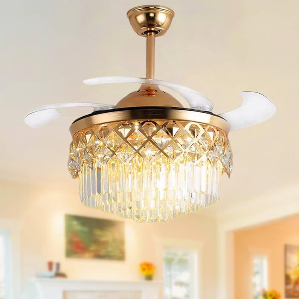 Hdc 42in Crystal Ceiling Fan, 3 Lighting Color 3 Speeds Retractable Bl