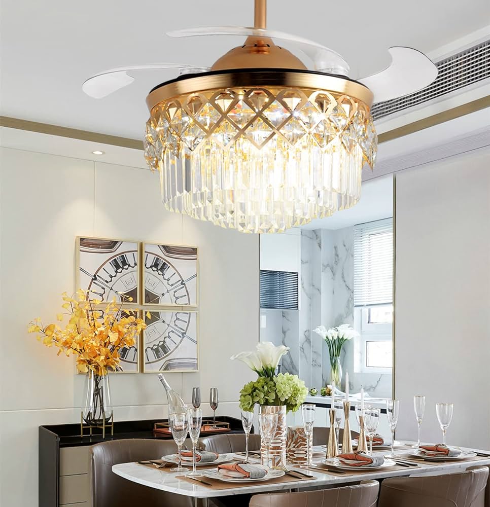 Hdc 42in Crystal Ceiling Fan, 3 Lighting Color 3 Speeds Retractable Bl