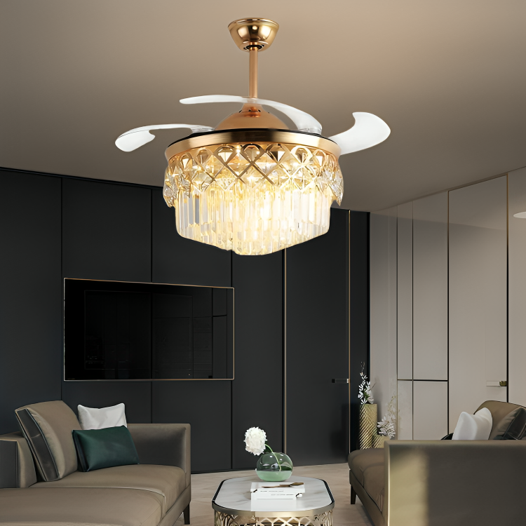 Hdc 42in Crystal Ceiling Fan, 3 Lighting Color 3 Speeds Retractable Bl
