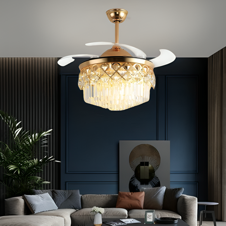 Hdc 42in Crystal Ceiling Fan, 3 Lighting Color 3 Speeds Retractable Bl